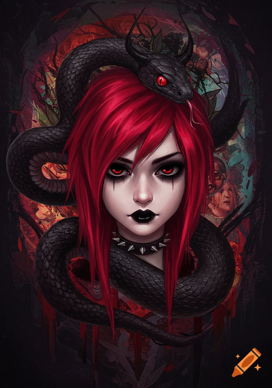An illustration of an emo girl with red hair and dark makeup, with a ...