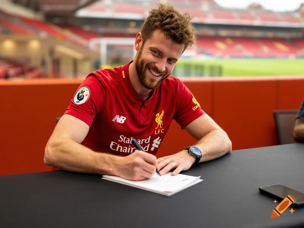 Man in Liverpool FC shirt signing a document, smiling at camera on Craiyon
