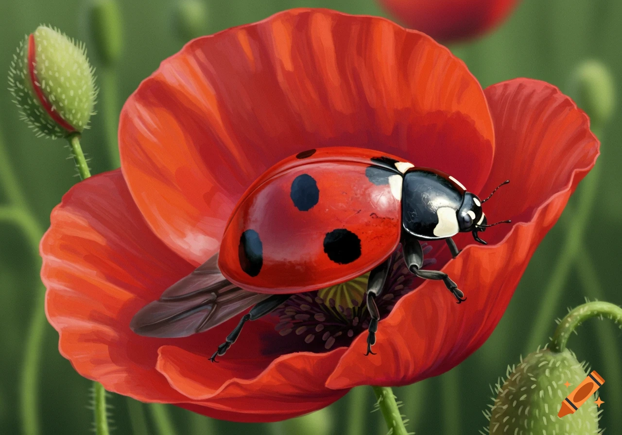 A detailed illustration of a ladybug on a red poppy flower. on Craiyon
