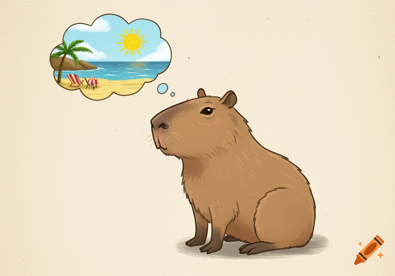 Cartoon capybara sits daydreaming of a sunny beach with palm trees and ...