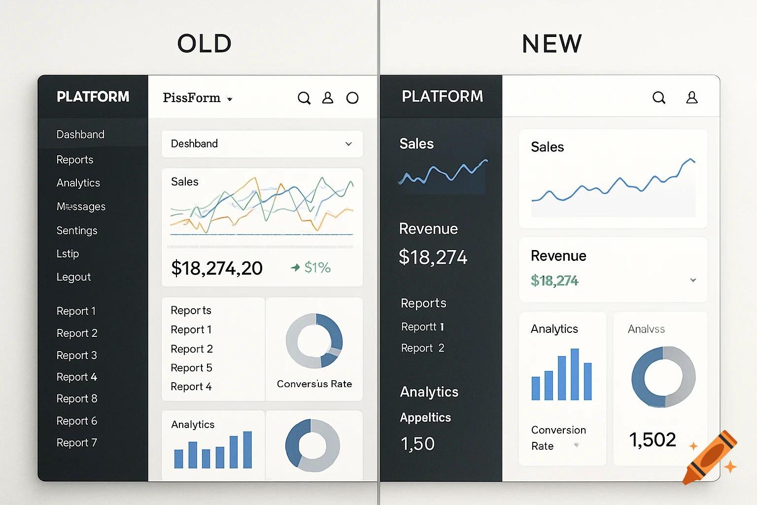 Split screen showing two versions of a platform UI dashboard. The left side shows an older, more ...
