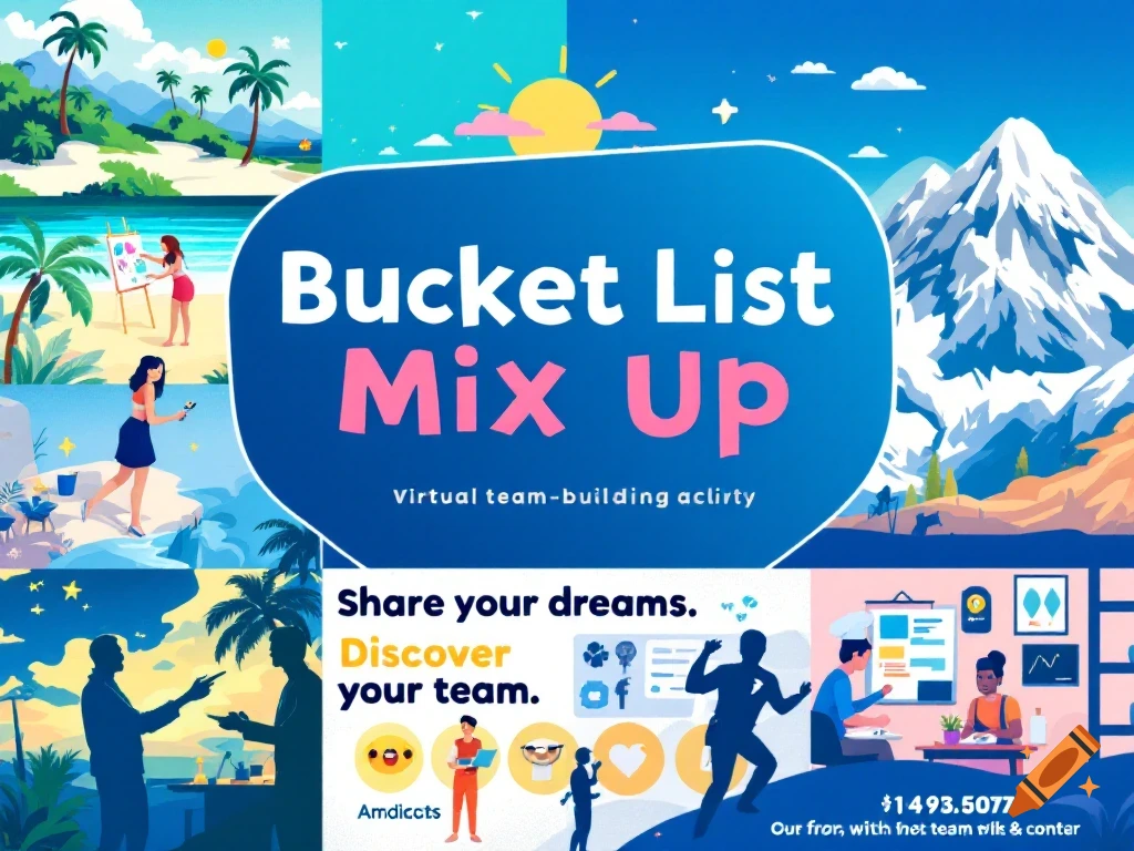 A vibrant collage promoting a virtual team-building activity called ...