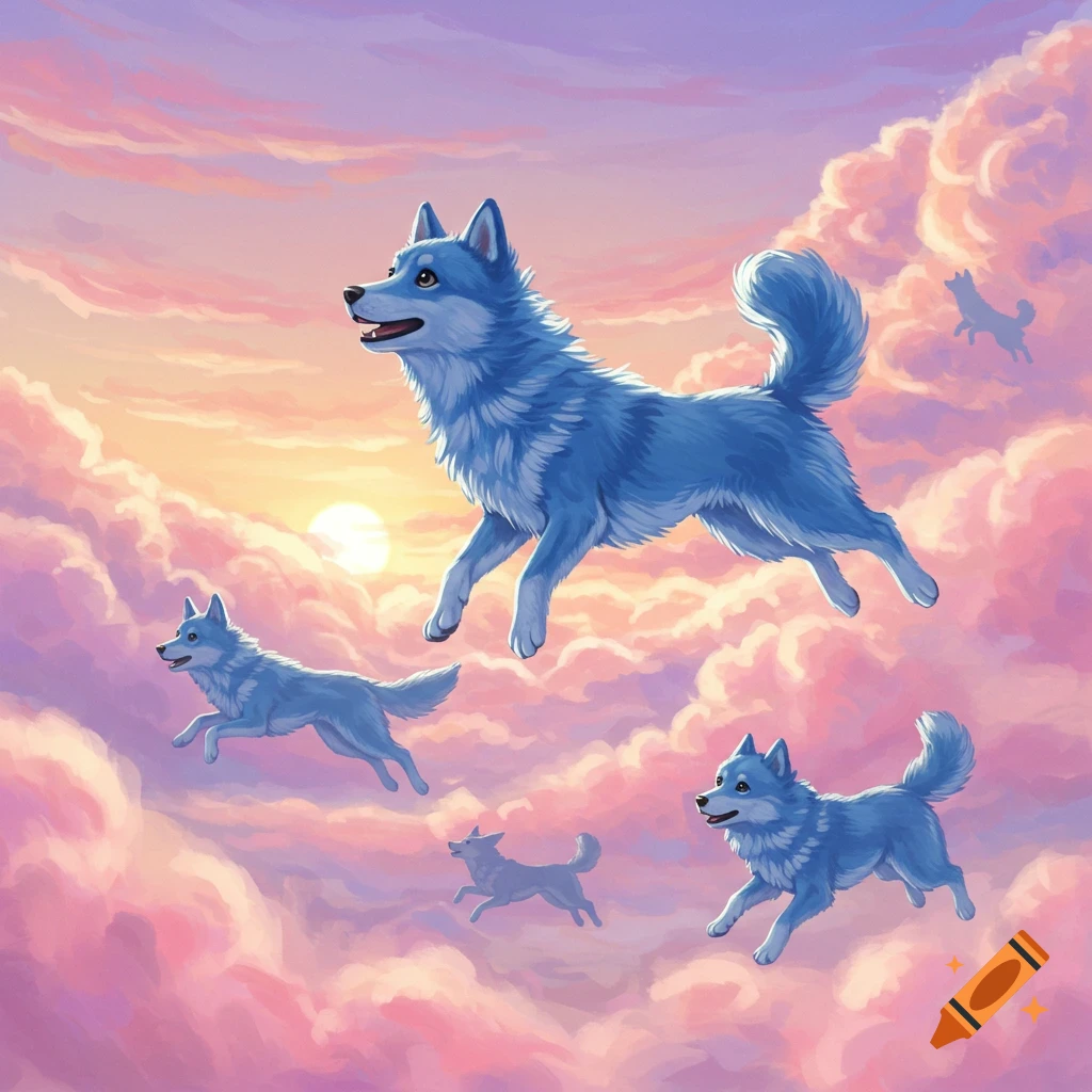 Several blue dogs fly through pink and purple clouds at sunset in a painted style. on Craiyon
