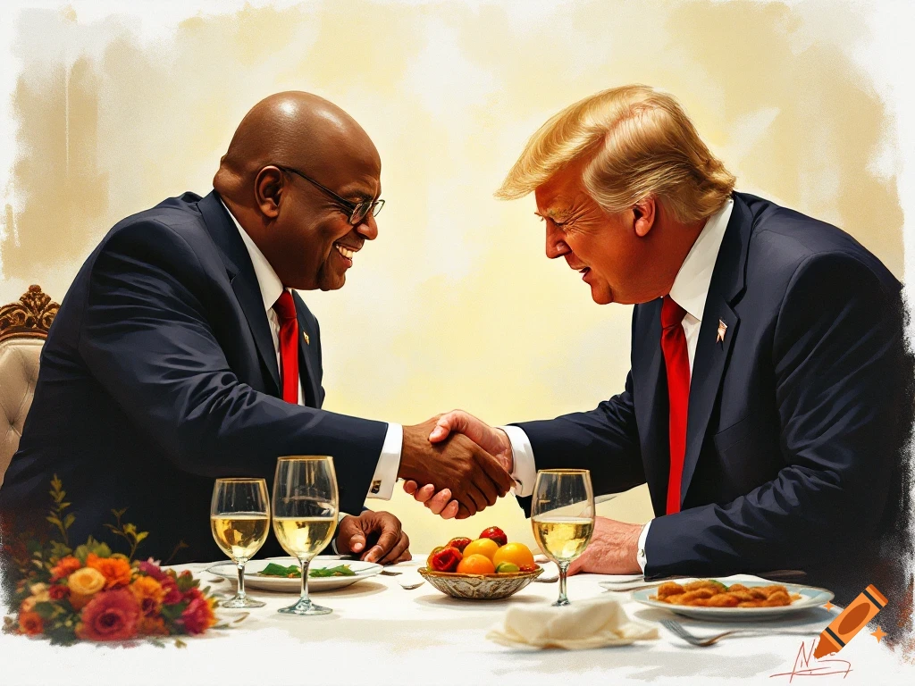 Two figures resembling political leaders shake hands across a dinner ...