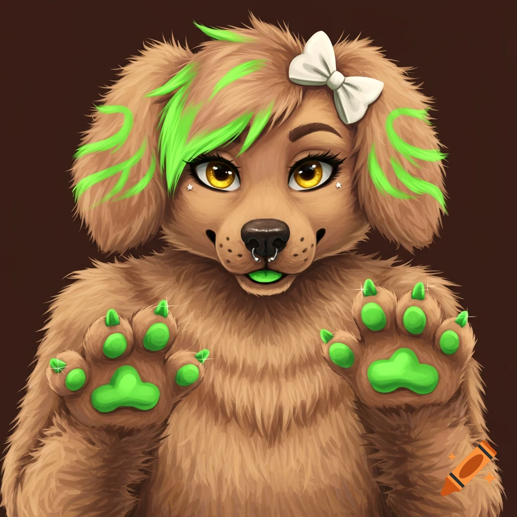 A fluffy brown dog fursuit with neon green streaks in the hair and paws ...