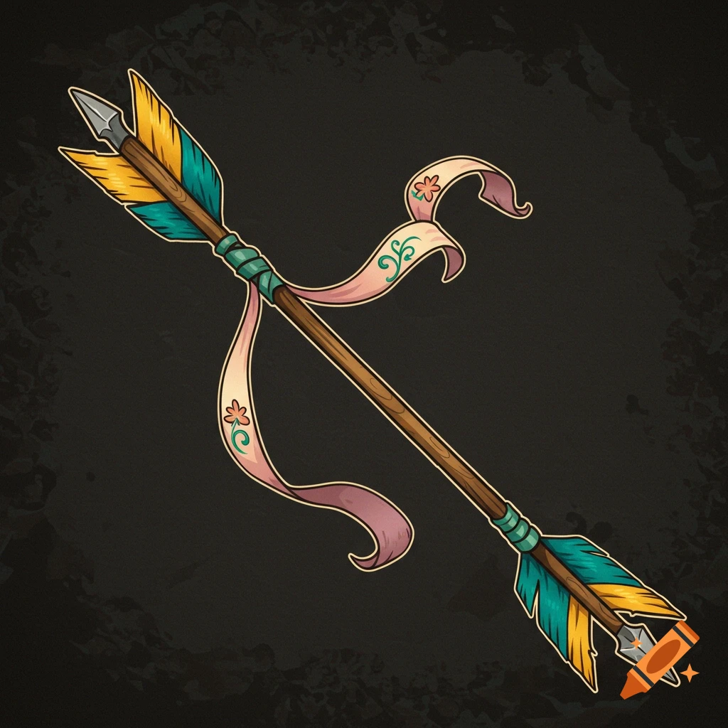 Stylized medieval arrow with colorful feathers and decorative ribbon on ...