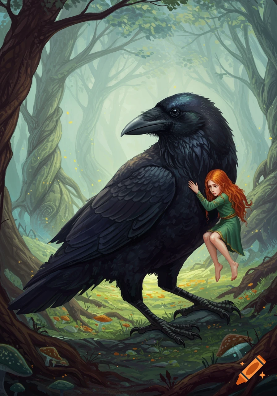 A small girl hugs a giant black raven in a mystical forest illustration ...