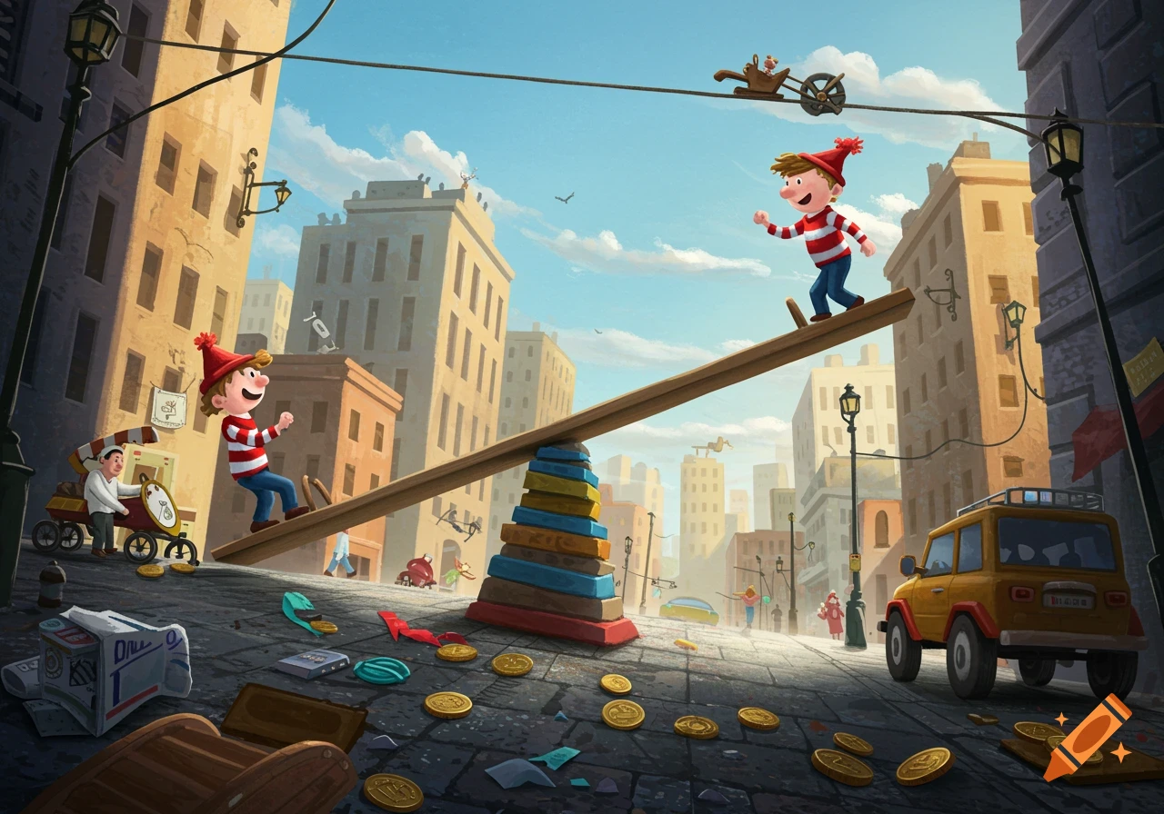 Cartoon illustration of characters on a seesaw in a cluttered city street with scattered objects ...