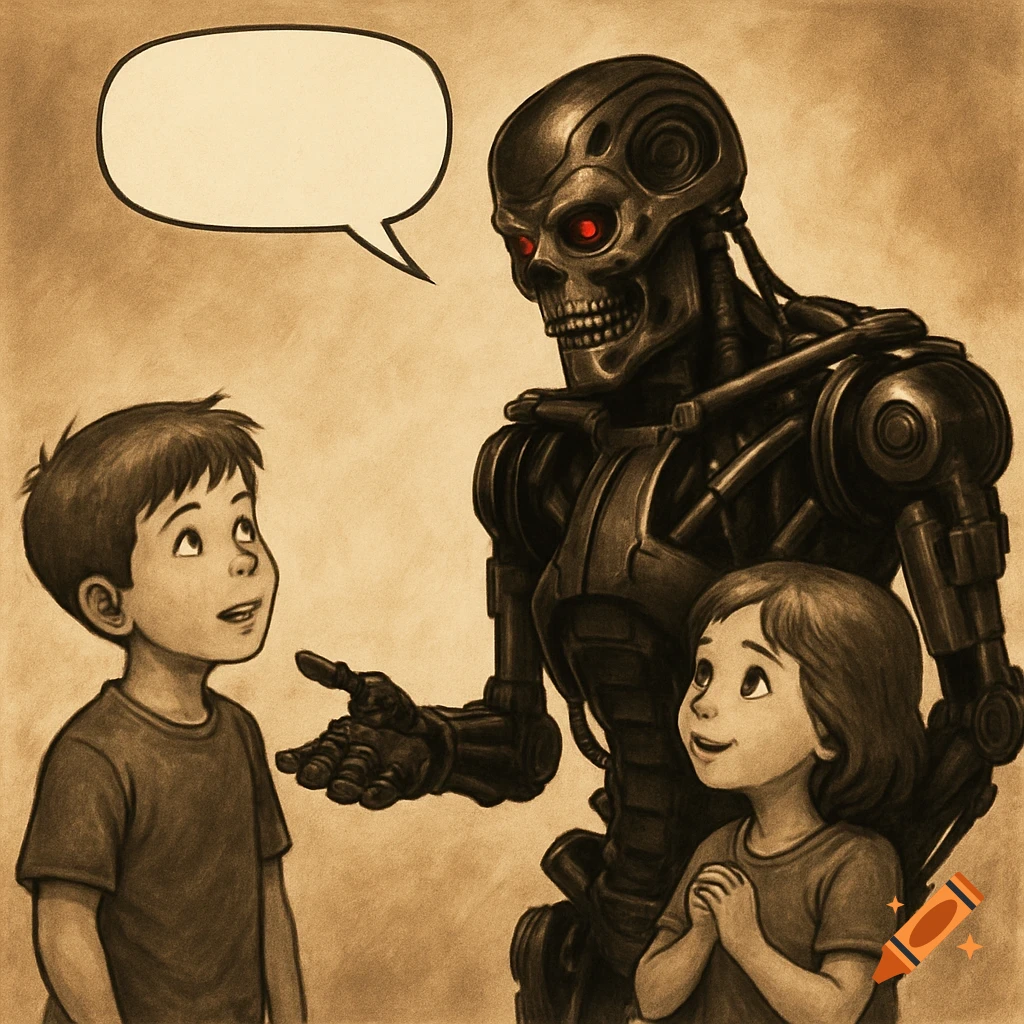 Sepia illustration of a Terminator-like robot talking to two children ...