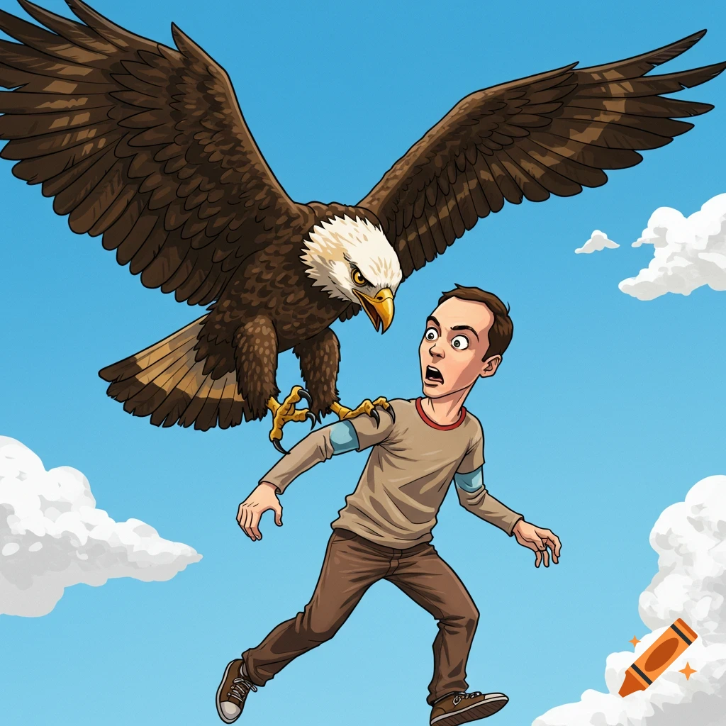 Cartoon drawing of a scared man being attacked by a large eagle in the ...