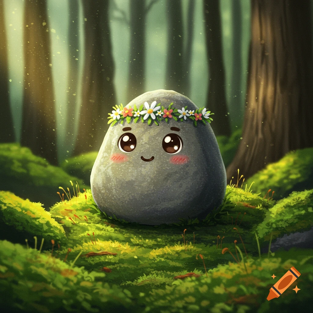 Cute cartoon rock character with a flower crown sits on moss in a ...