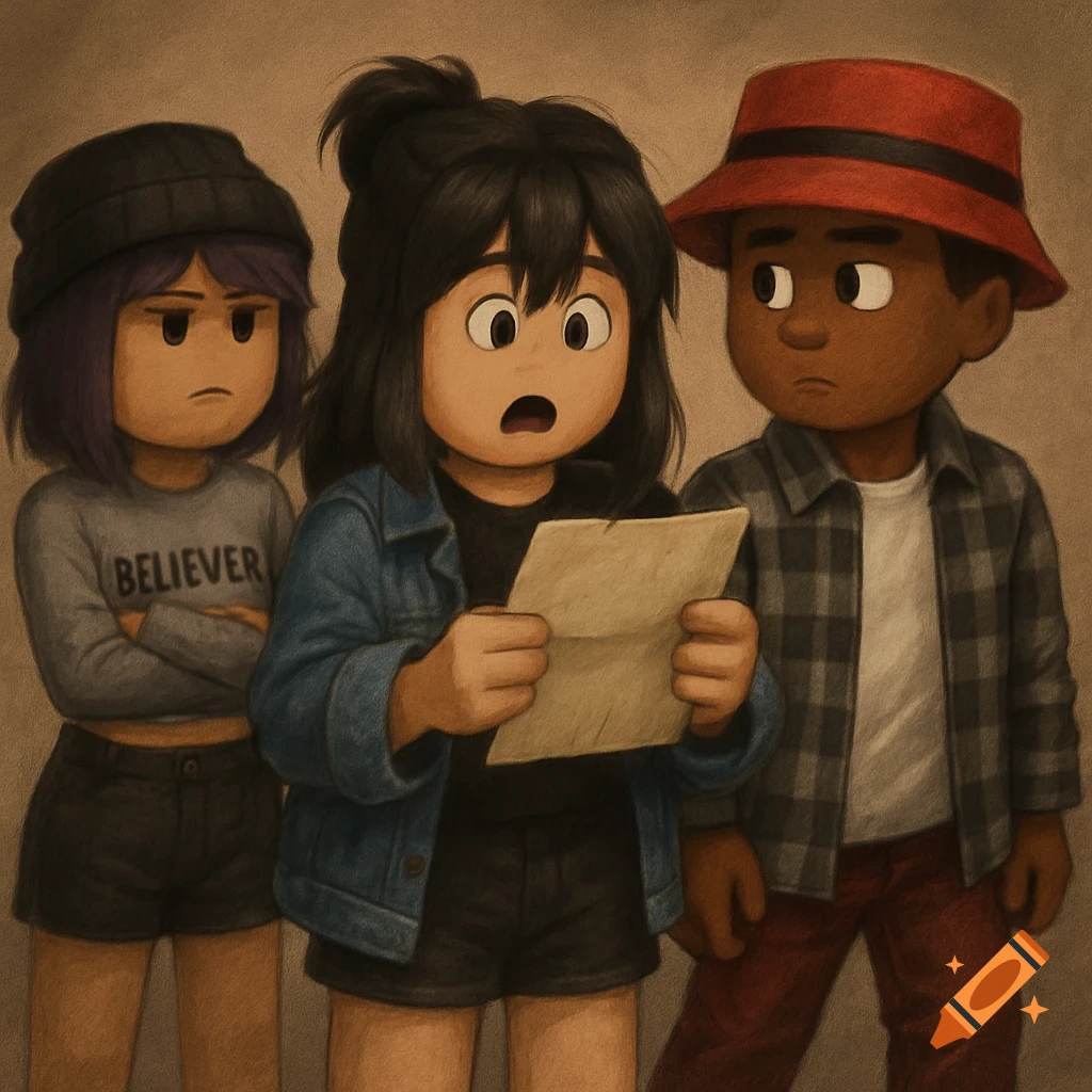 Stylized illustration of three young people looking at a paper, one in ...