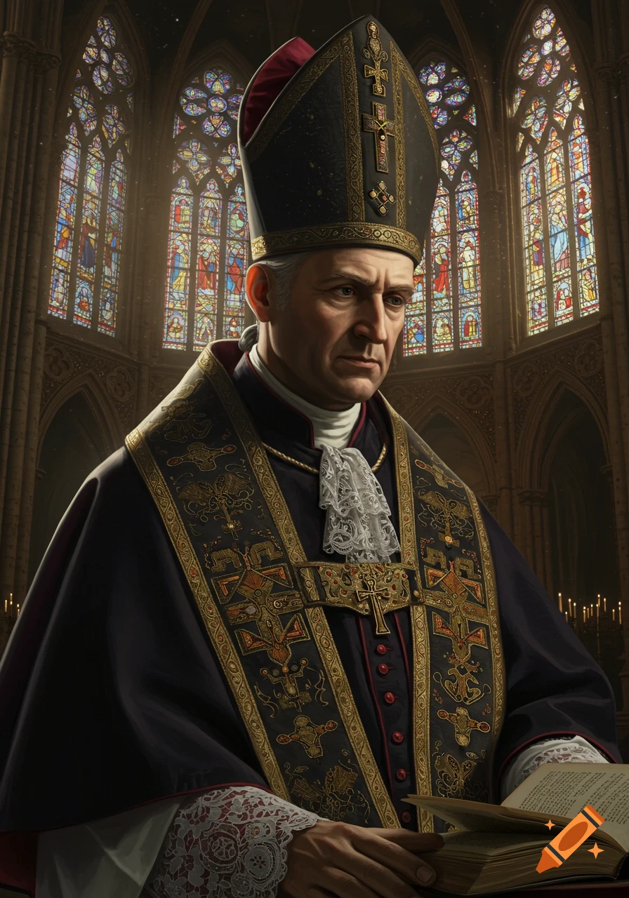 A historical portrait of a bishop in religious vestments reading a book ...