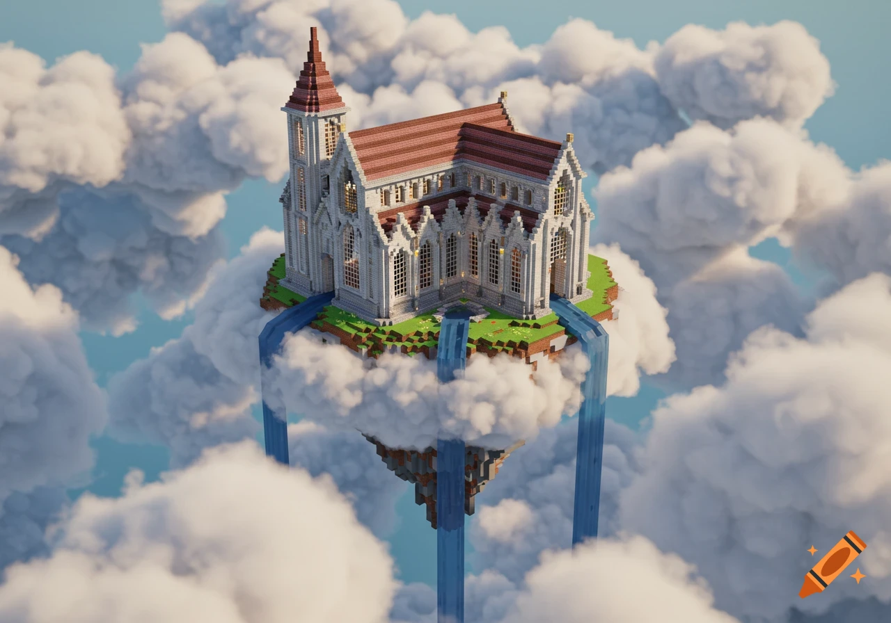 A Minecraft-style cathedral sits on a floating cloud island with ...