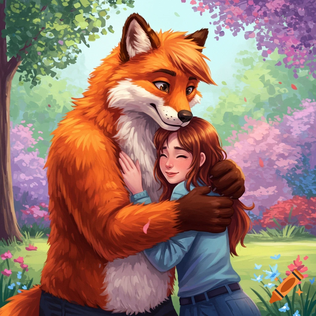 A furry fox character and a human girl hugging in a colorful park ...