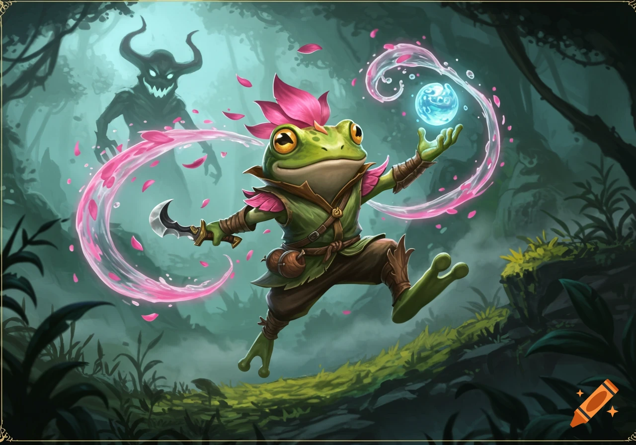 A cute frog character leaps in a forest, casting magic as a shadowy ...