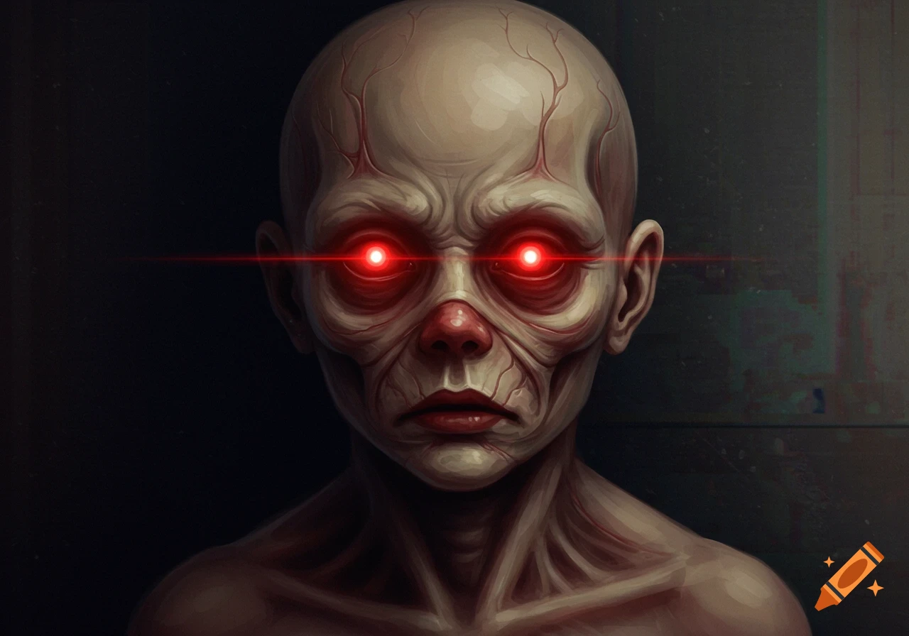 Close-up of a creepy bald creature with glowing red eyes on Craiyon