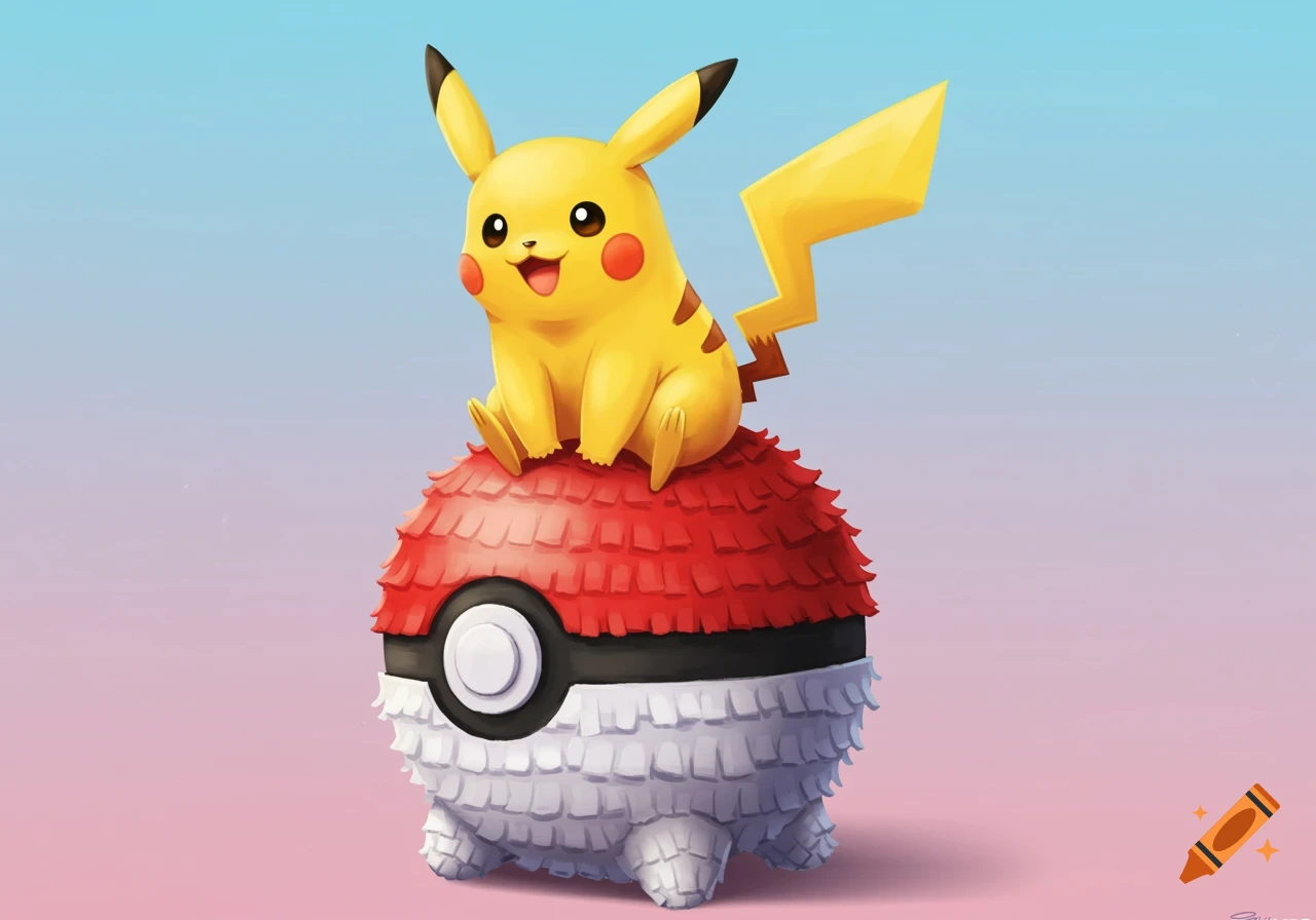 Pikachu sits on a Poke Ball shaped like a pinata. on Craiyon