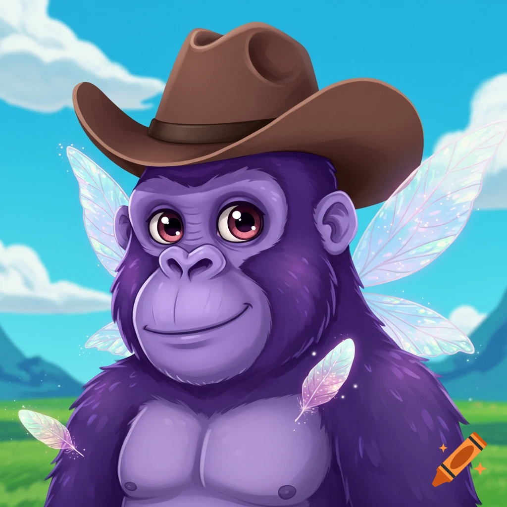A cartoon purple gorilla wears a cowboy hat and fairy wings. on Craiyon