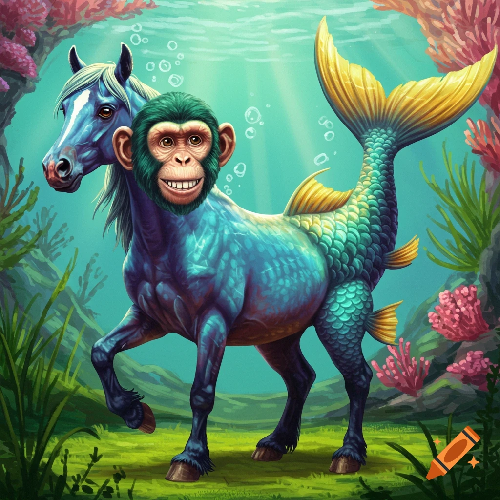 A creature with a horse body, monkey head, and fish tail swims ...