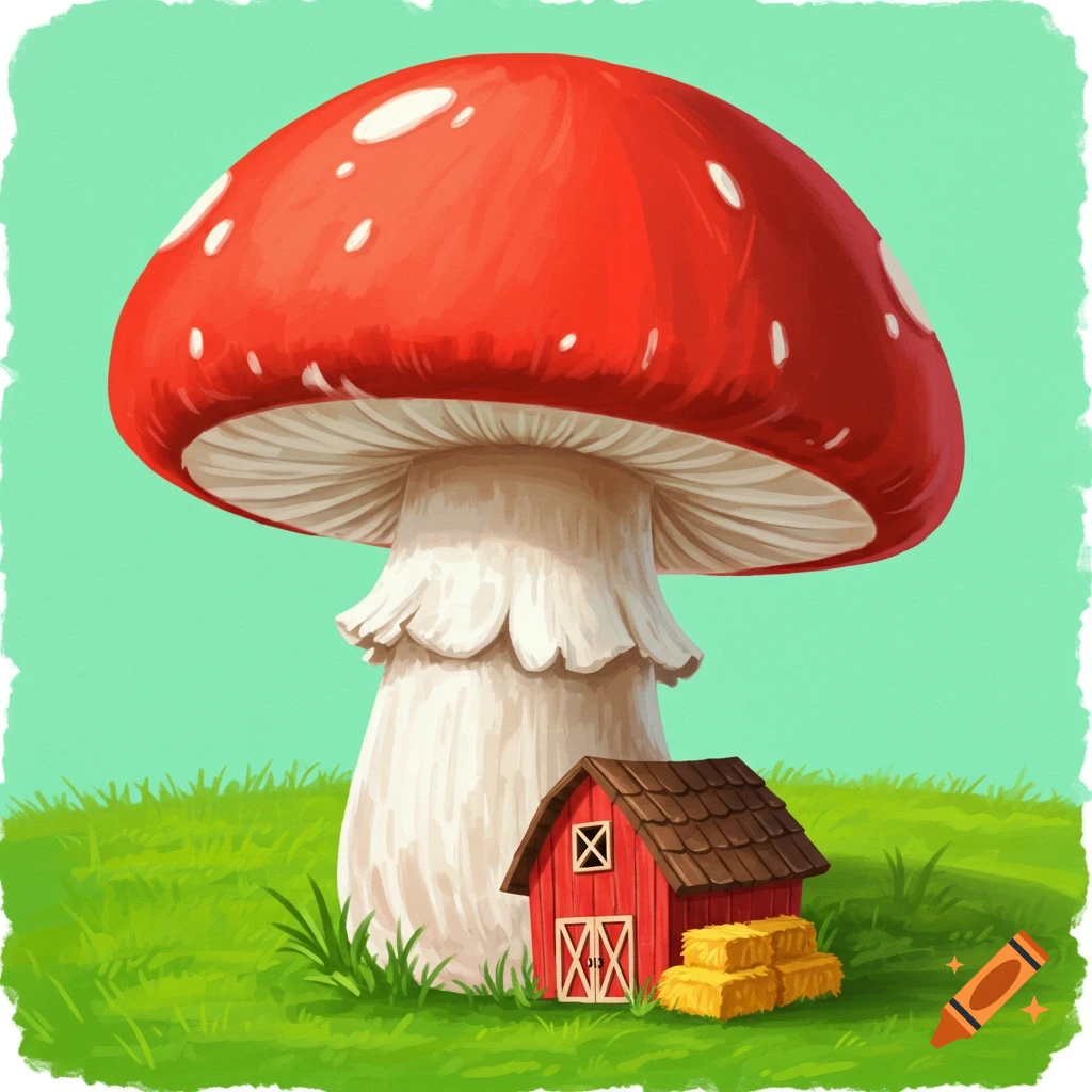 Giant red mushroom next to a small red barn and hay bales in a grassy ...