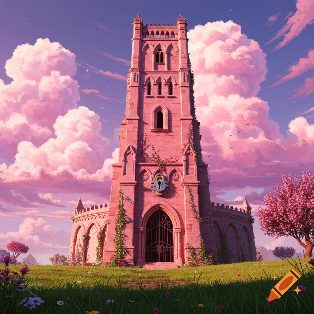 A tall pink fantasy tower with a keyhole emblem stands in a grassy ...