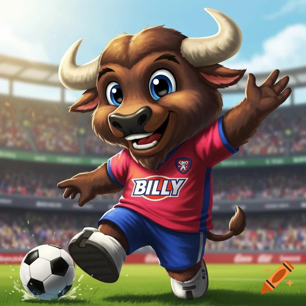 Cartoon bull mascot in a soccer uniform kicking a ball in a stadium. on ...