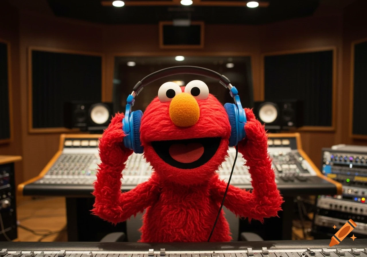 Elmo wearing blue headphones in a recording studio, smiling excitedly ...