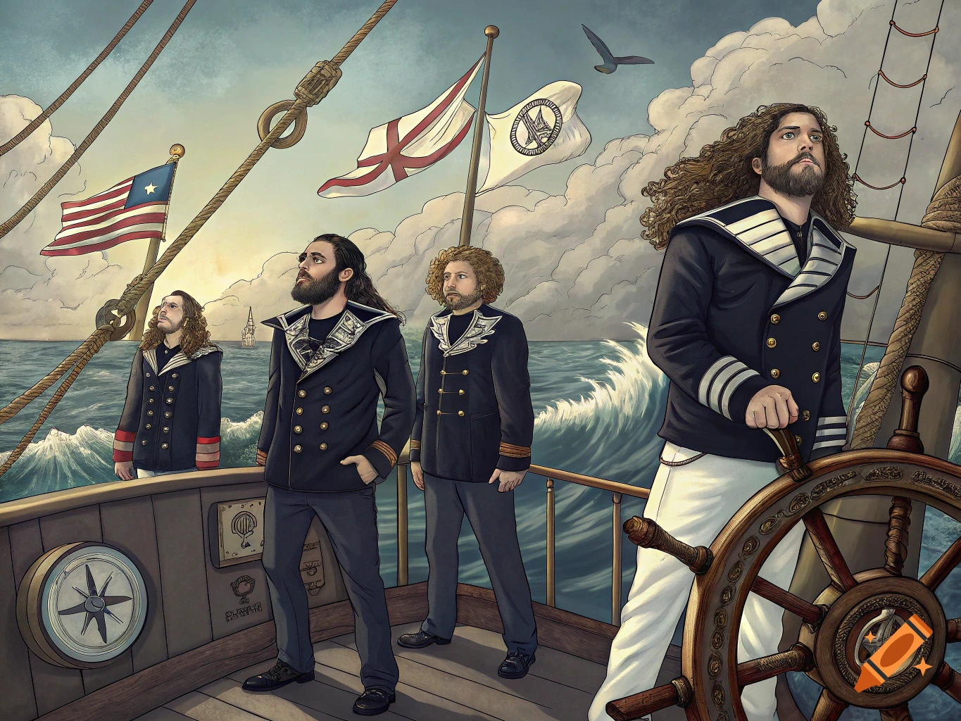 Four men in nautical uniforms stand on a ship's deck with flags and ...