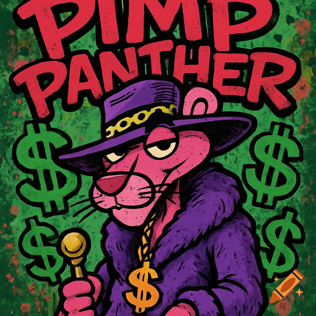 Stylized graphic design of Pink Panther dressed as a pimp with dollar ...