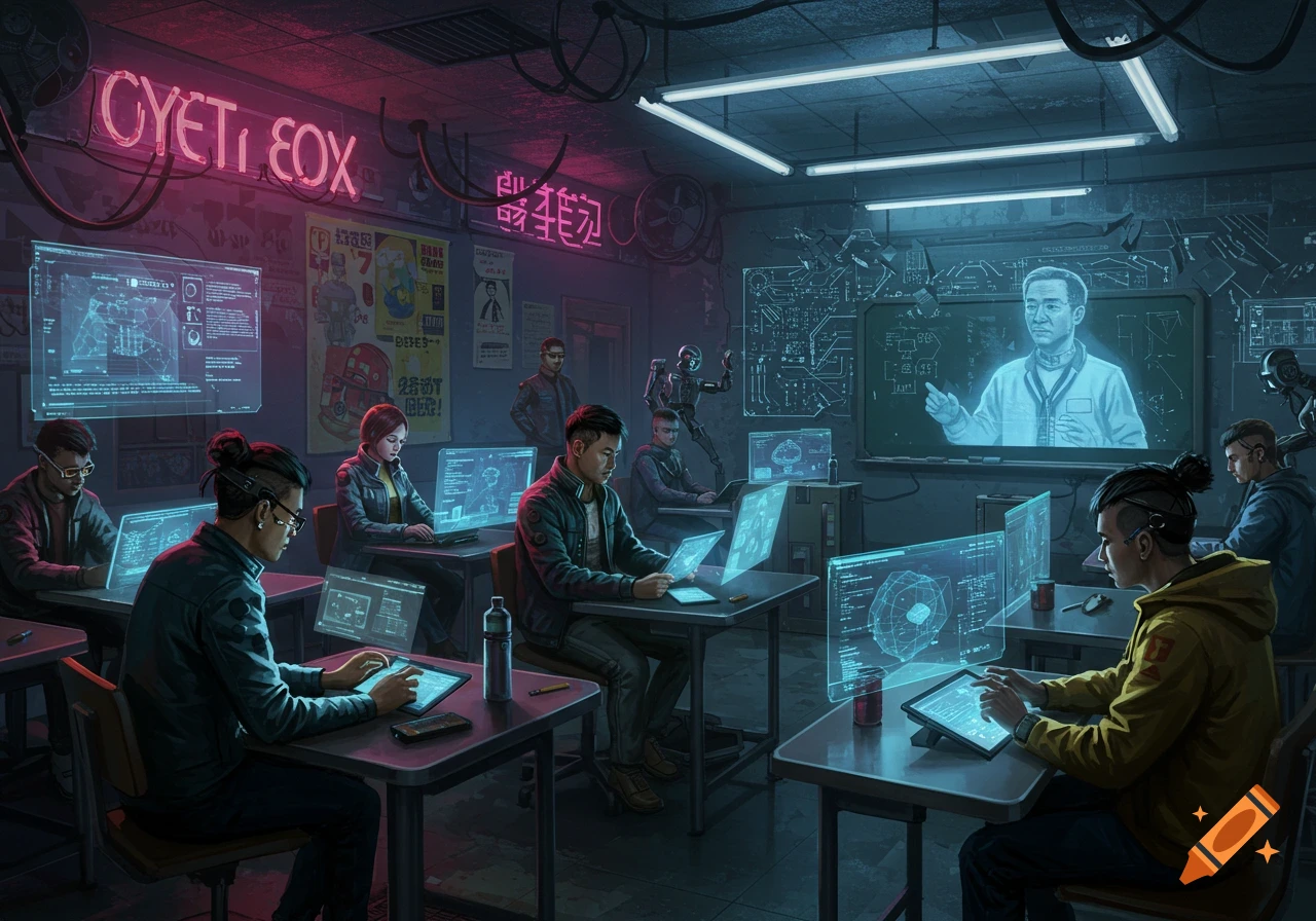 A cyberpunk classroom with students working on glowing screens and a holographic lecturer. on ...