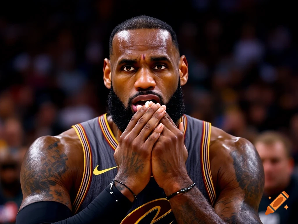 LeBron James holding his hands to his mouth during a basketball game on ...