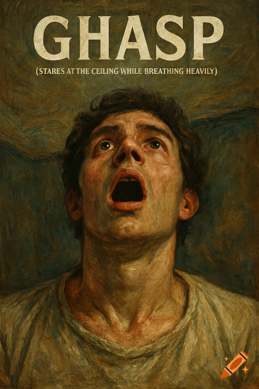 Low-angle expressive painting of a man looking up with mouth open, text ...