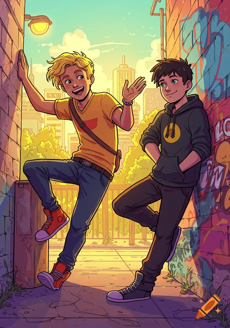 Two cartoon young men hang out by a graffiti-covered wall in a sunny ...