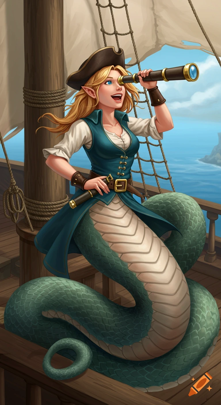 A female Naga pirate on a ship deck looks through a spyglass. on Craiyon