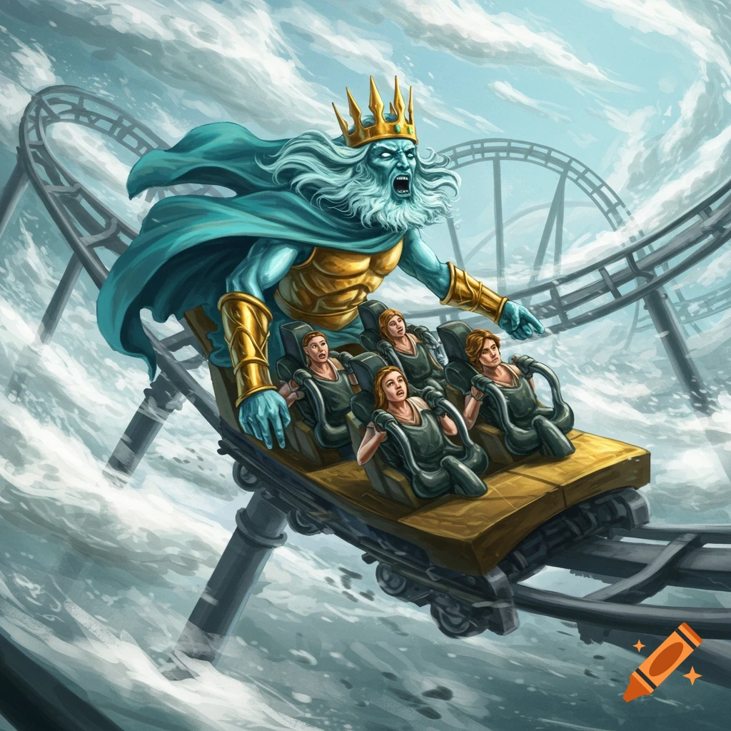 Giant god figure rides a rollercoaster with people through a stormy sea ...