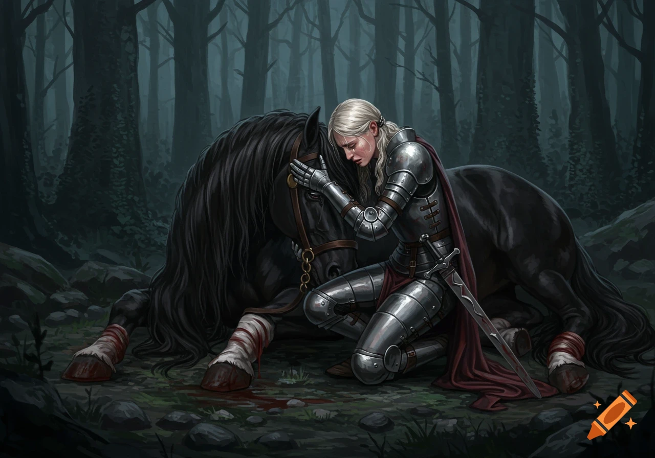 Illustration of a knight grieving over an injured horse in a dark ...