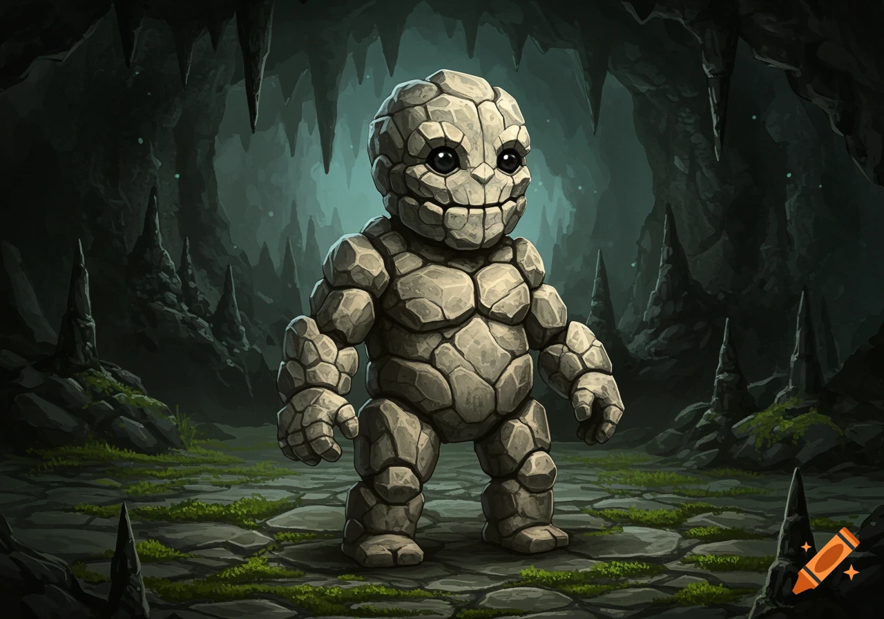 A cartoonish baby rock golem stands in a dark cave with stalactites and ...