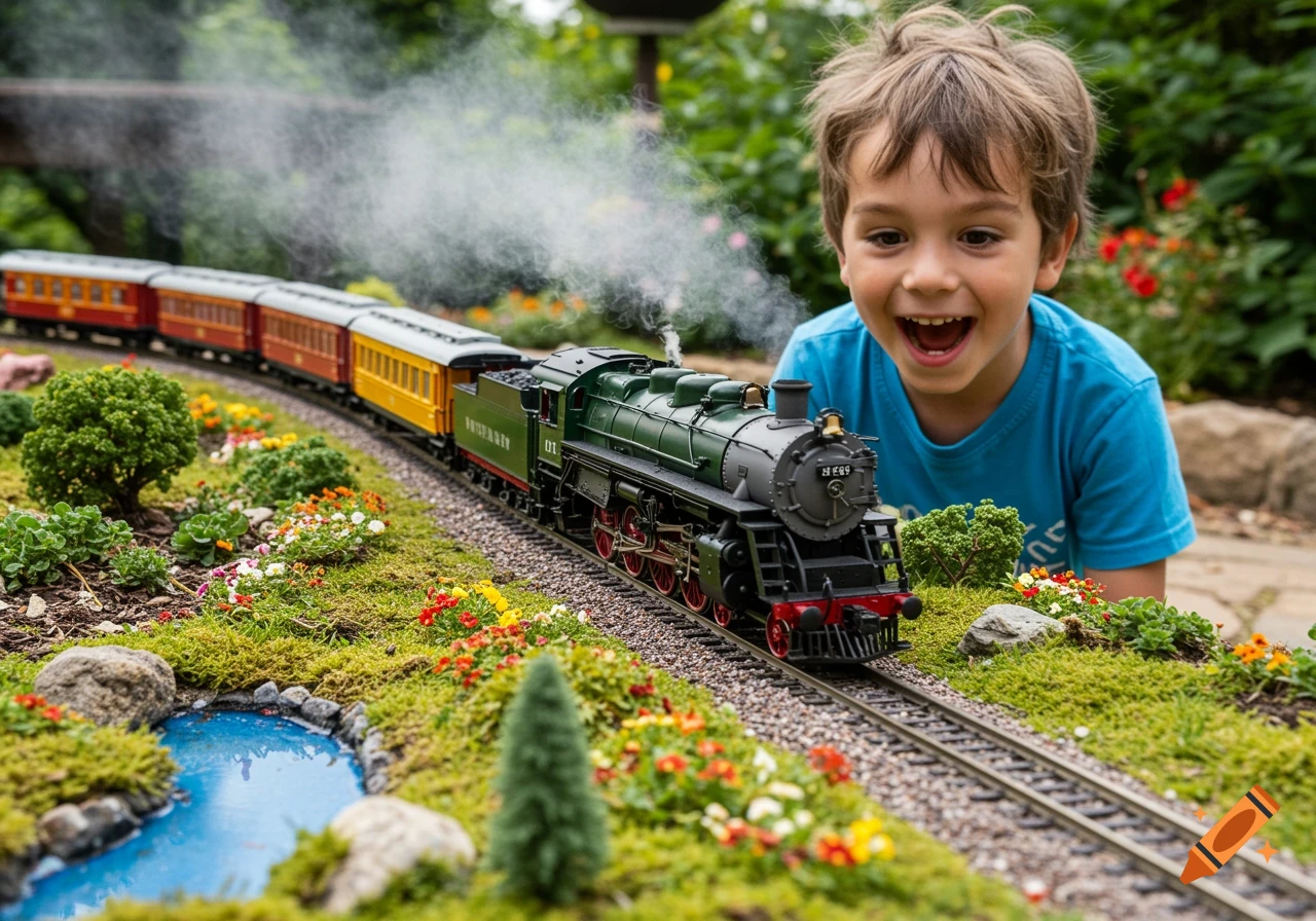 A boy grins as he watches a green and red model train with smoke going ...