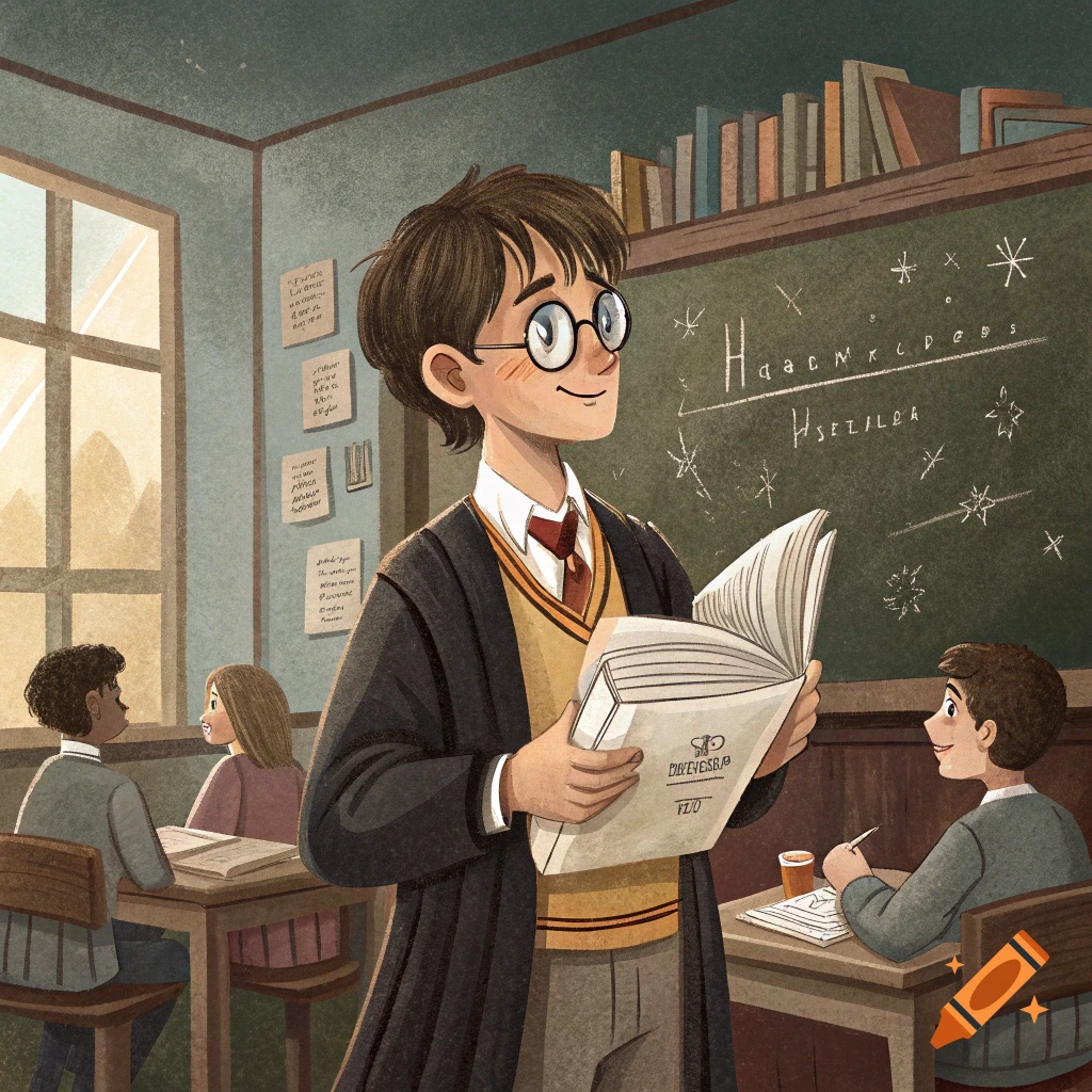 Illustration of a character resembling Harry Potter teaching in a ...