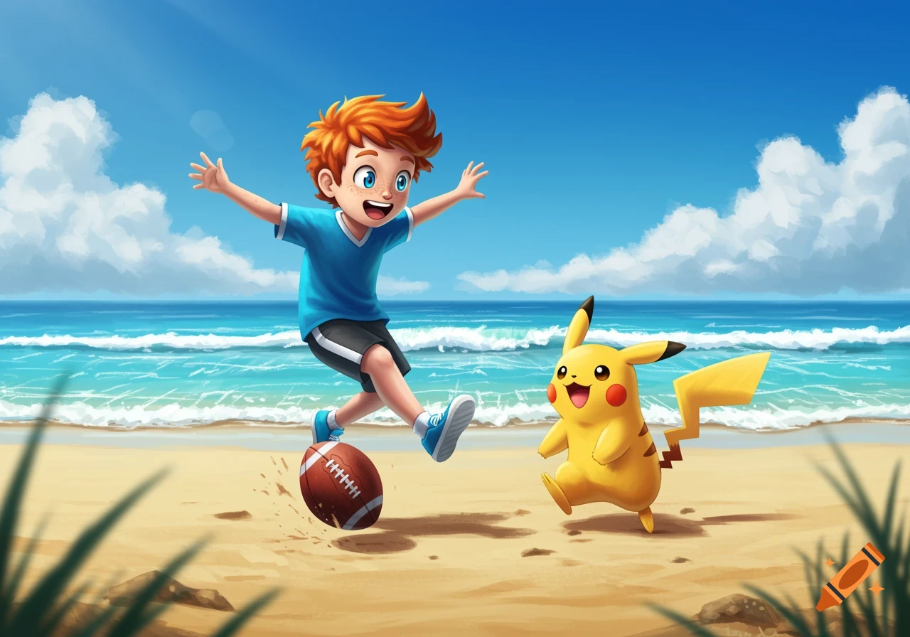 Illustrated scene of a red-headed boy playing football with Pikachu on ...