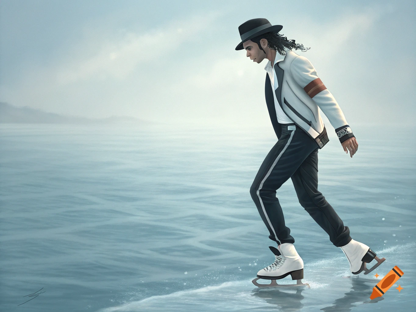Michael Jackson ice skating on a vast, serene frozen lake or ocean in a ...