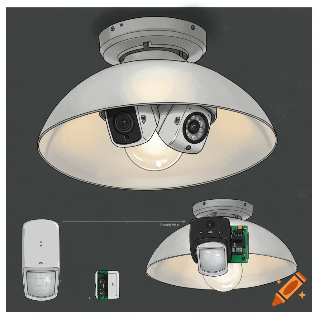 Technical illustration of security cameras and motion sensors integrated with a ceiling lamp ...