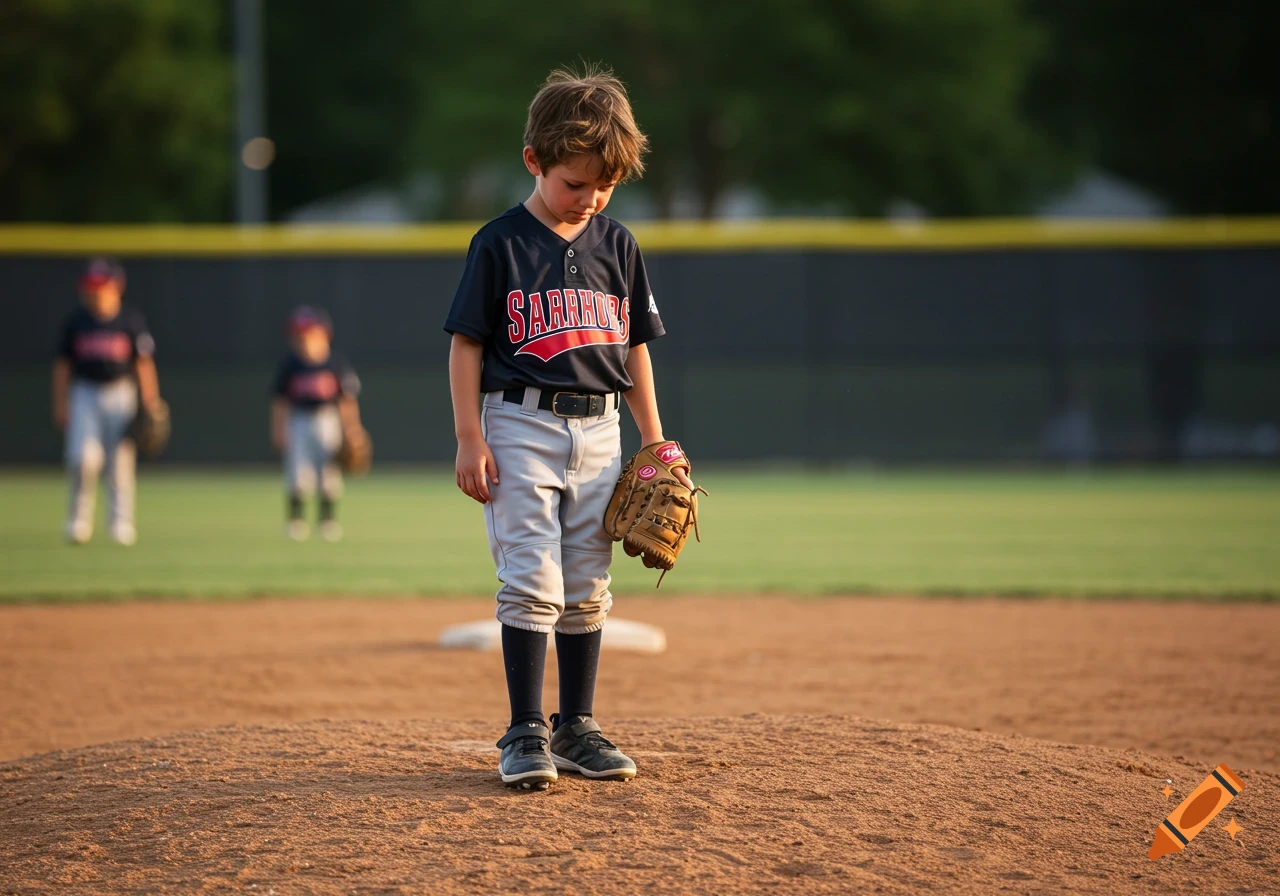 Young baseball player stands on pitcher's mound, looking down. on Craiyon
