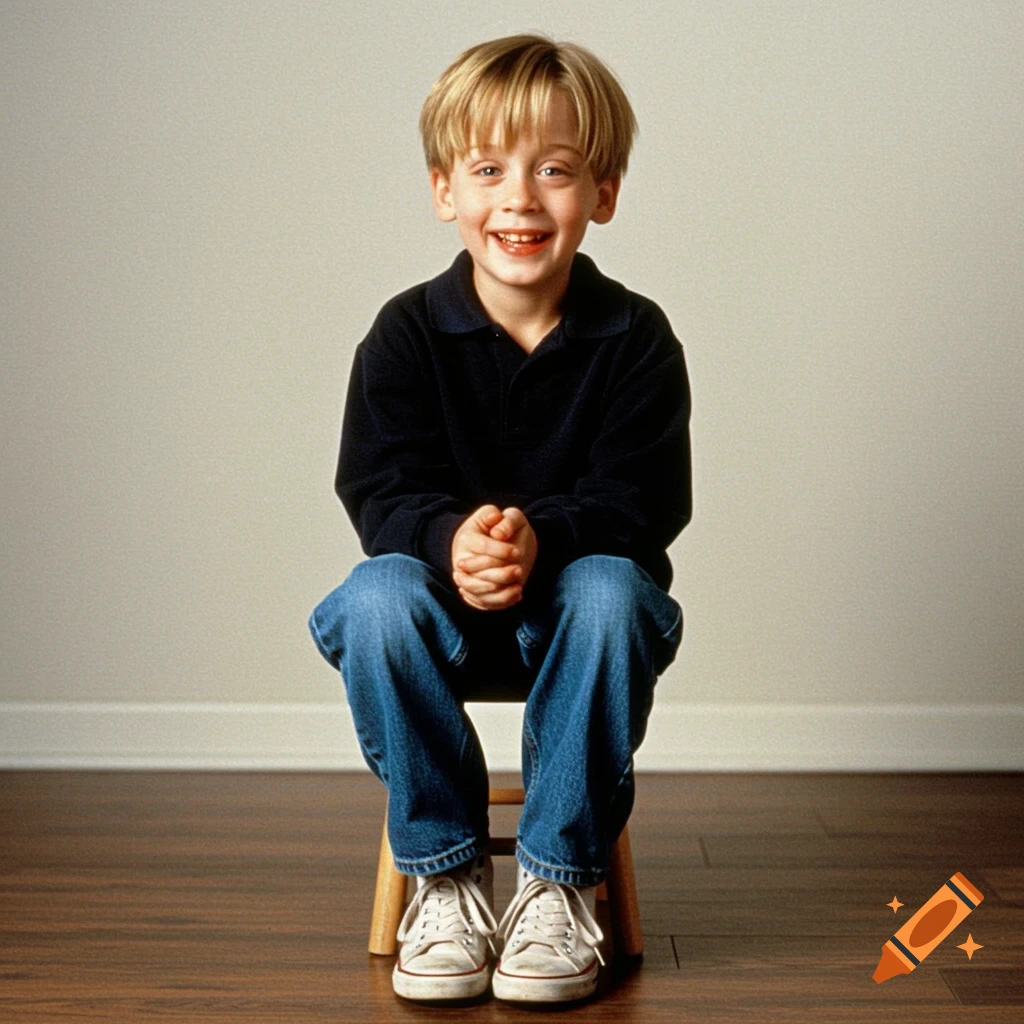A young boy, resembling Macaulay Culkin, sits on a stool smiling ...