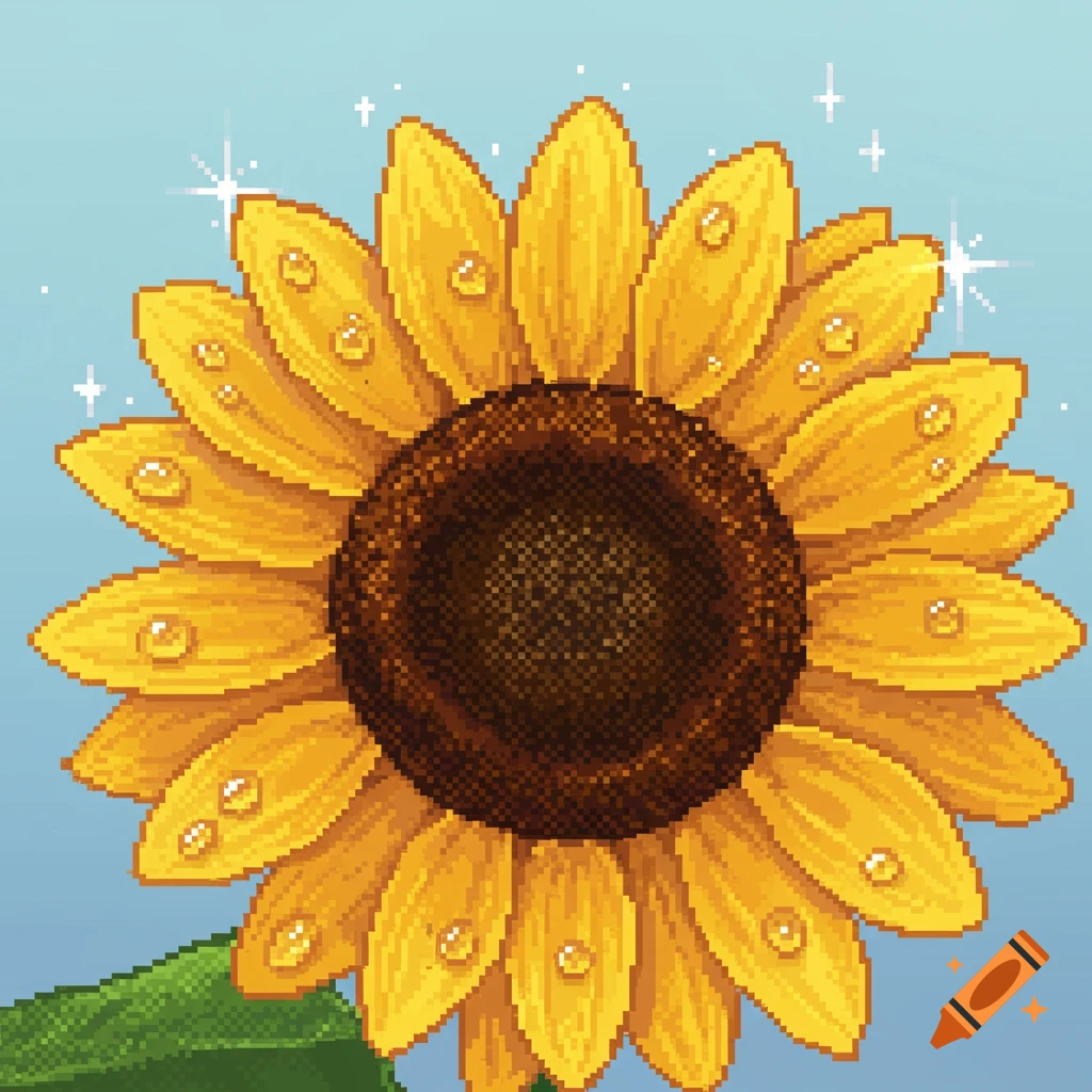 Pixel art illustration of a sunflower with water drops and sparkles on Craiyon