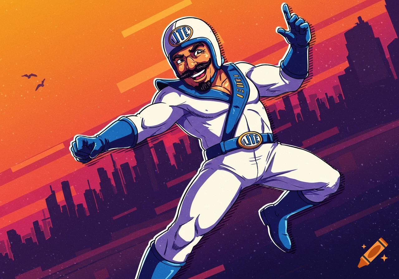 Cartoon superhero character flying over a city skyline at sunset. on ...
