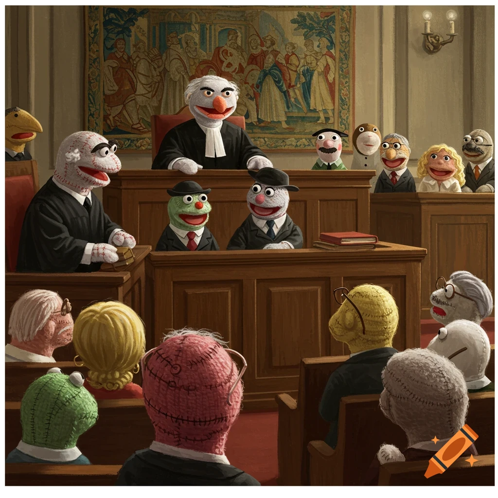 Sock puppets hold a court session with a judge and jury. on Craiyon