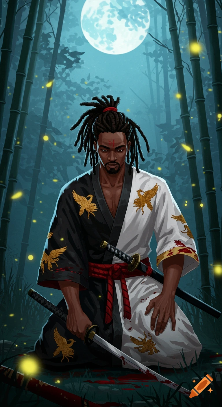 A Black samurai kneels in a moonlit bamboo forest, wearing a black and ...