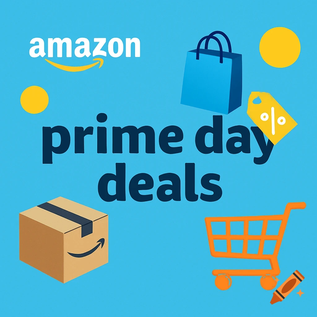 Amazon Prime Day Deals banner with box, bag, shopping cart, and price ...